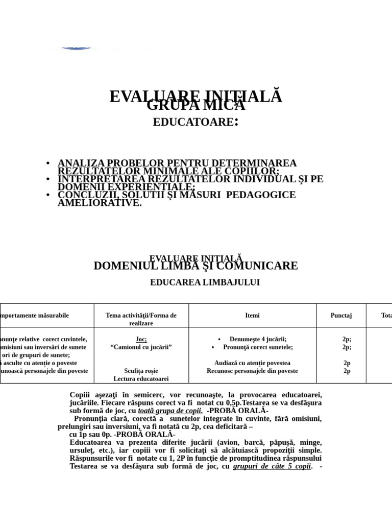 Evaluare Initiala Grupa Mica Iepuraii e | PDF