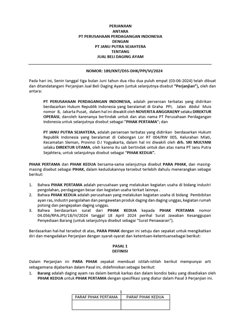 V1 Final Perjanjian Jual Beli Daging Ayam Dengan PT Janu Putra Sejatera ...