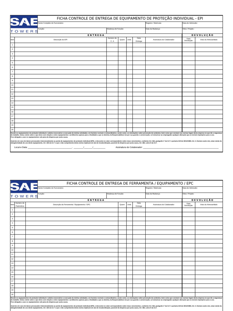 Modelo Ficha de EPI e Ferramental - SAE | PDF