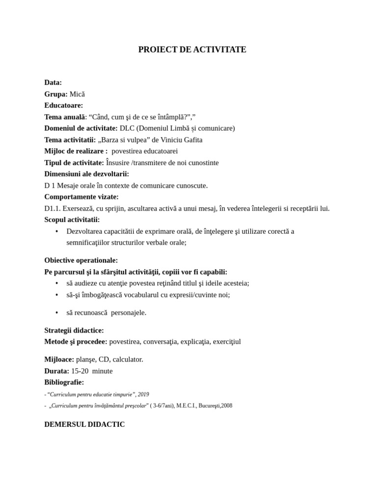 0 Proiect de Activitate DLC Povestire | PDF