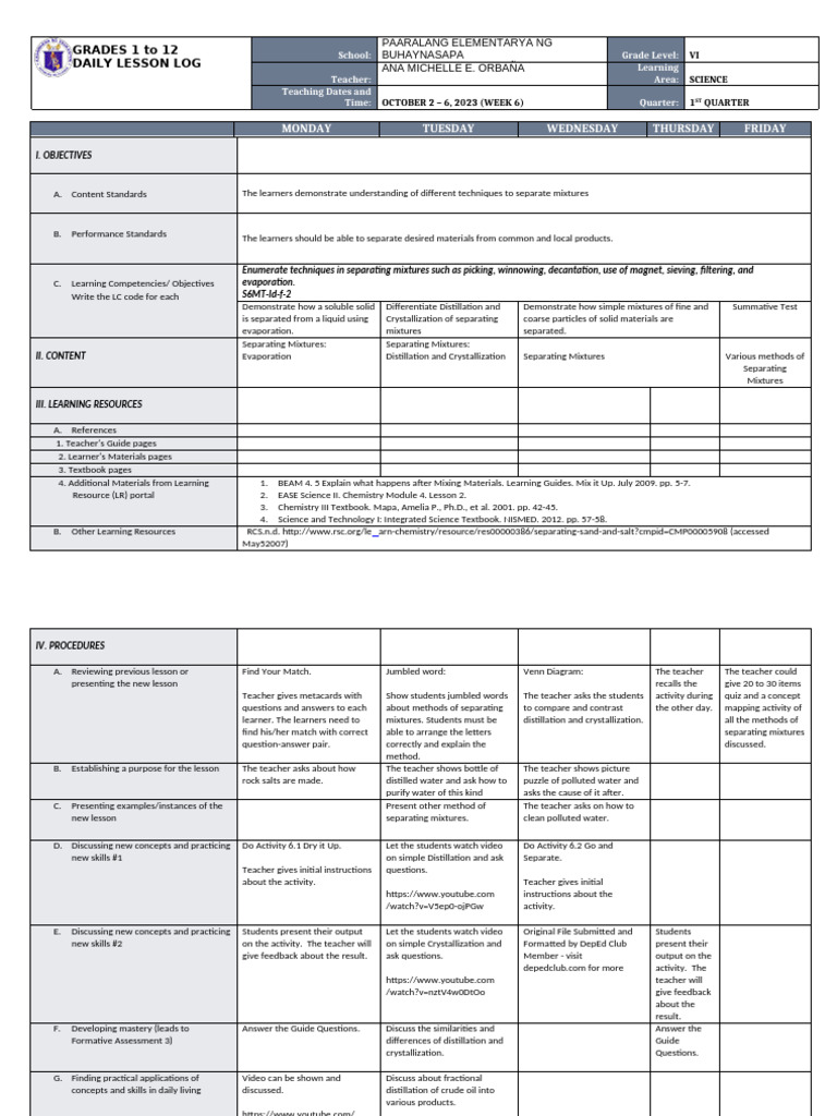 DLL - Science 6 - Q1 - W6 | PDF