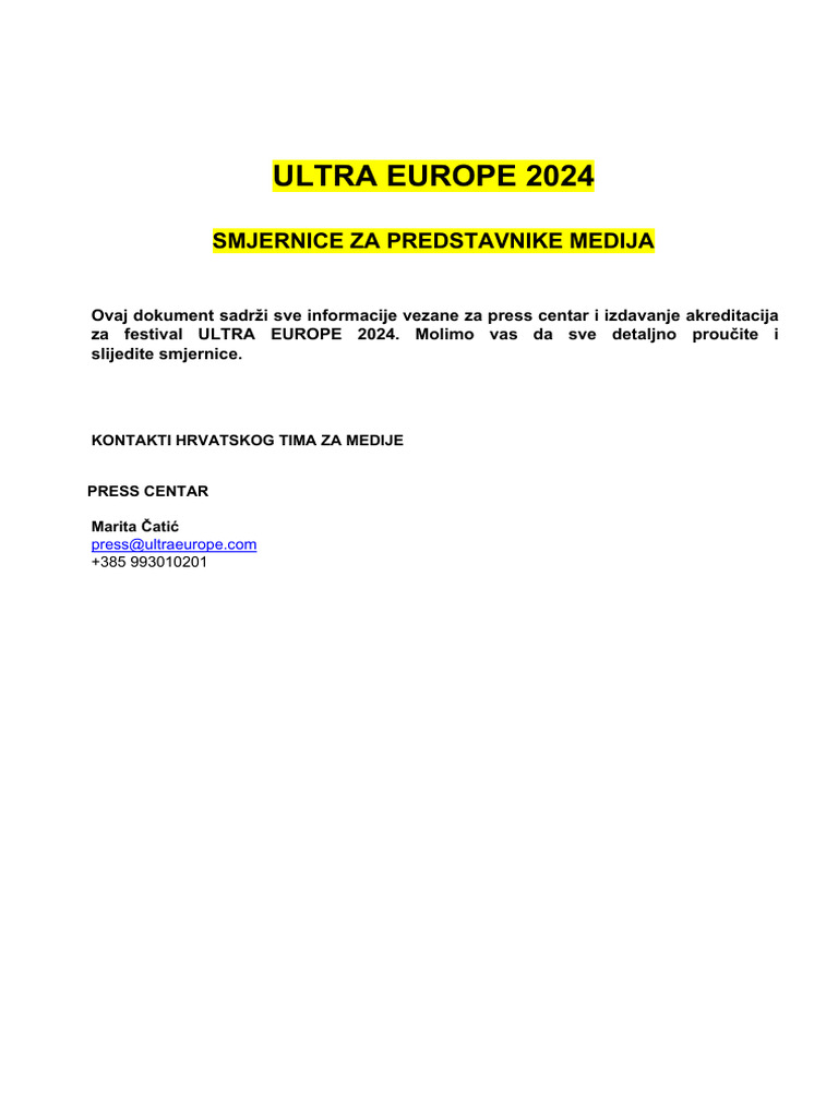 Ultra Europe 2024 - Smjernice Za Preuzimanje Akreditacija | PDF
