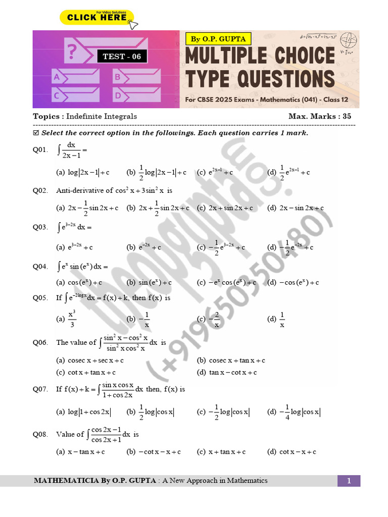 6 MCQ - Indefinite Integrals | PDF