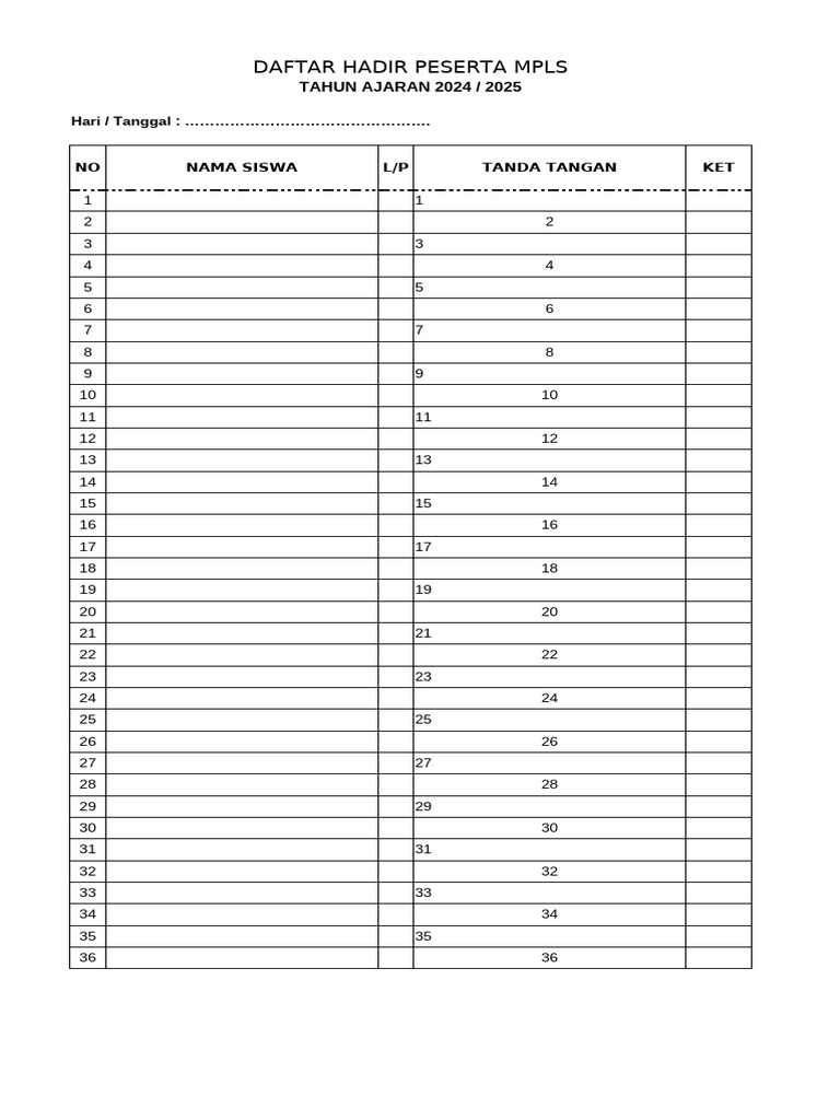 Daftar Hadir Peserta MPLS 2024, 2025 | PDF