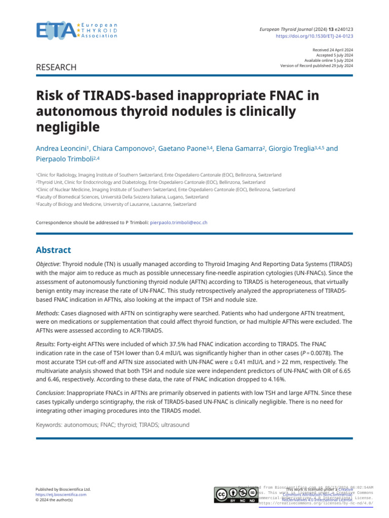 Risk of TIRADS-based Inappropriate FNAC in | PDF