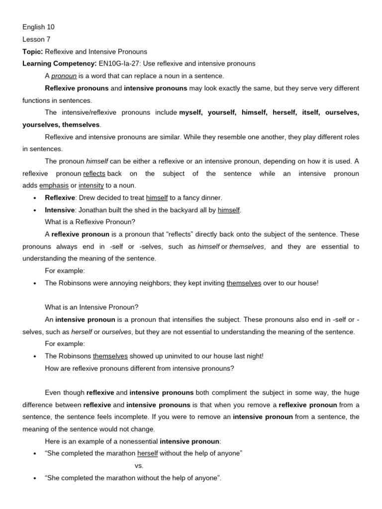 English 10 - Reflexive and Intensive Pronouns | PDF | Pronoun ...