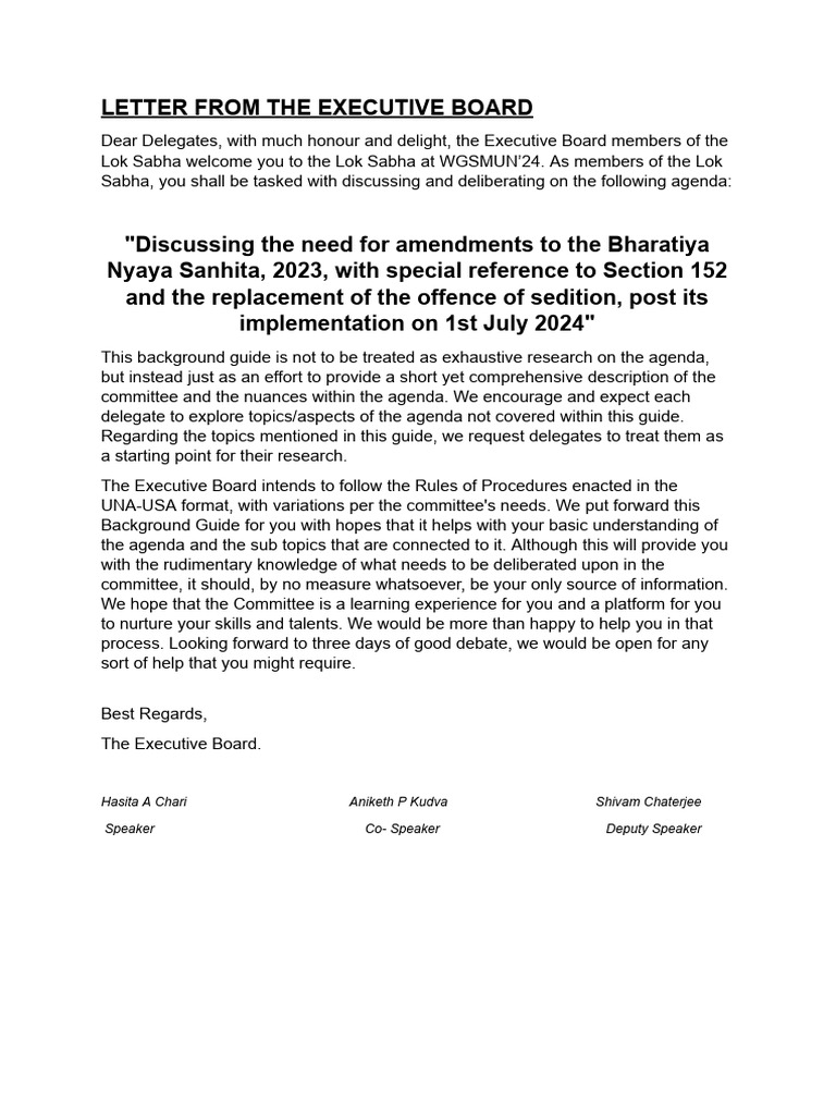 Lok Sabha - WGSMUN (BNS) Background Guide | PDF