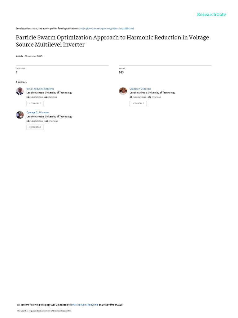 Particle Swarm Optimization Approach To Harmonic Reduction in Voltage Source Multilevel Inverter ...