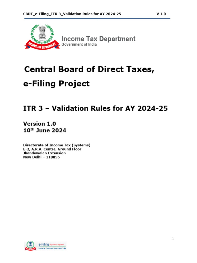 CBDT - E-Filing - ITR-3 - Validation Rules - V1.0 - AY 24-25 | PDF