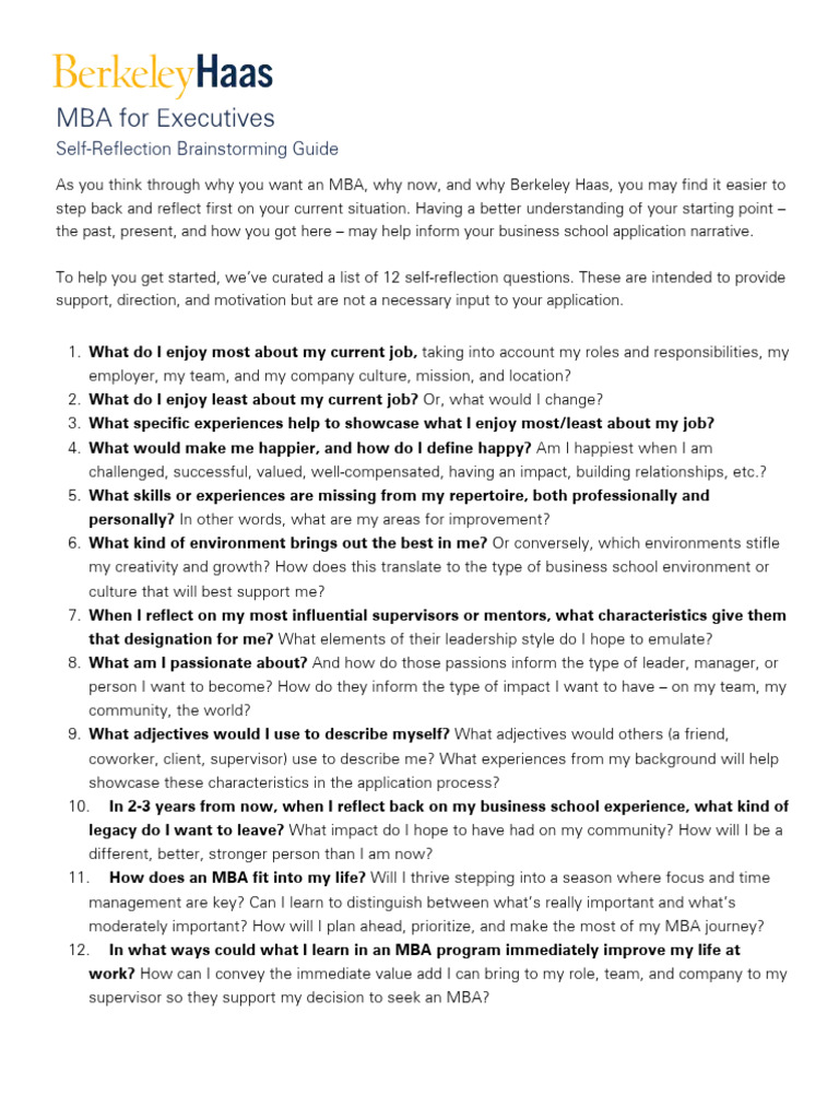 Self-Reflection Brainstorming Guide - EMBA | PDF