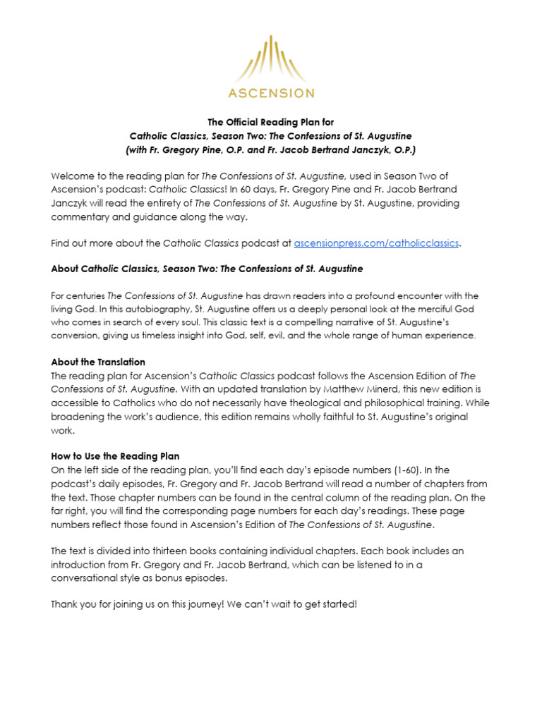 Catholic Classics Confessions Reading Plan | PDF