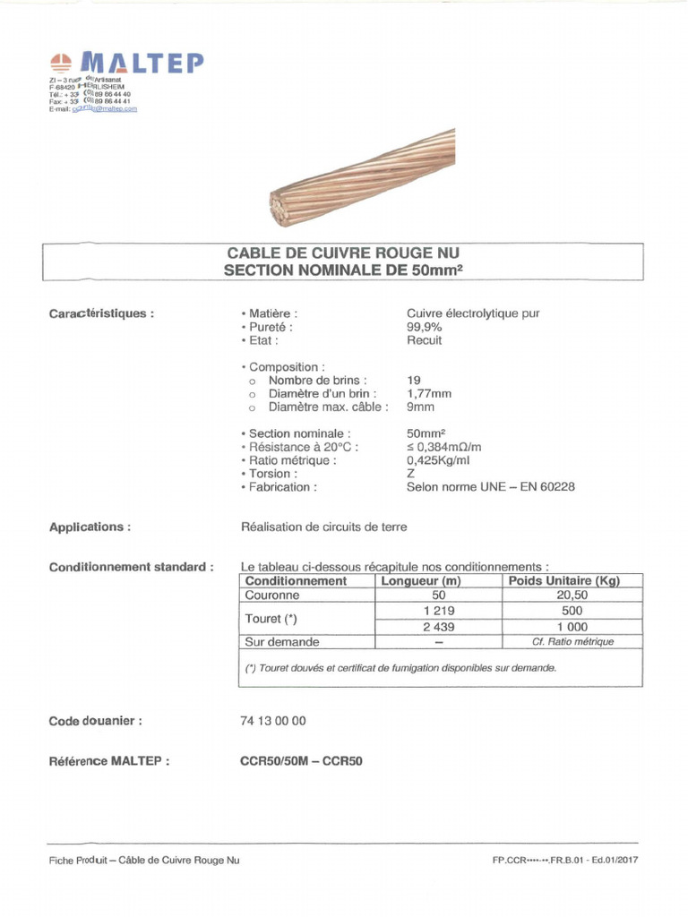 Mal Tep: Cable de Cuivre Rouge Nu Section Nominale de 50Mm | PDF