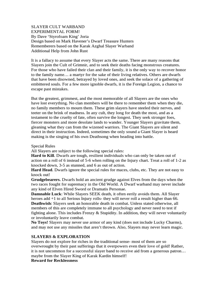 Slayer Cult Warband | PDF