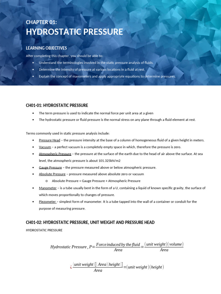FLUID MECHANICS CHAP01 - Hydrostatic Pressure | PDF