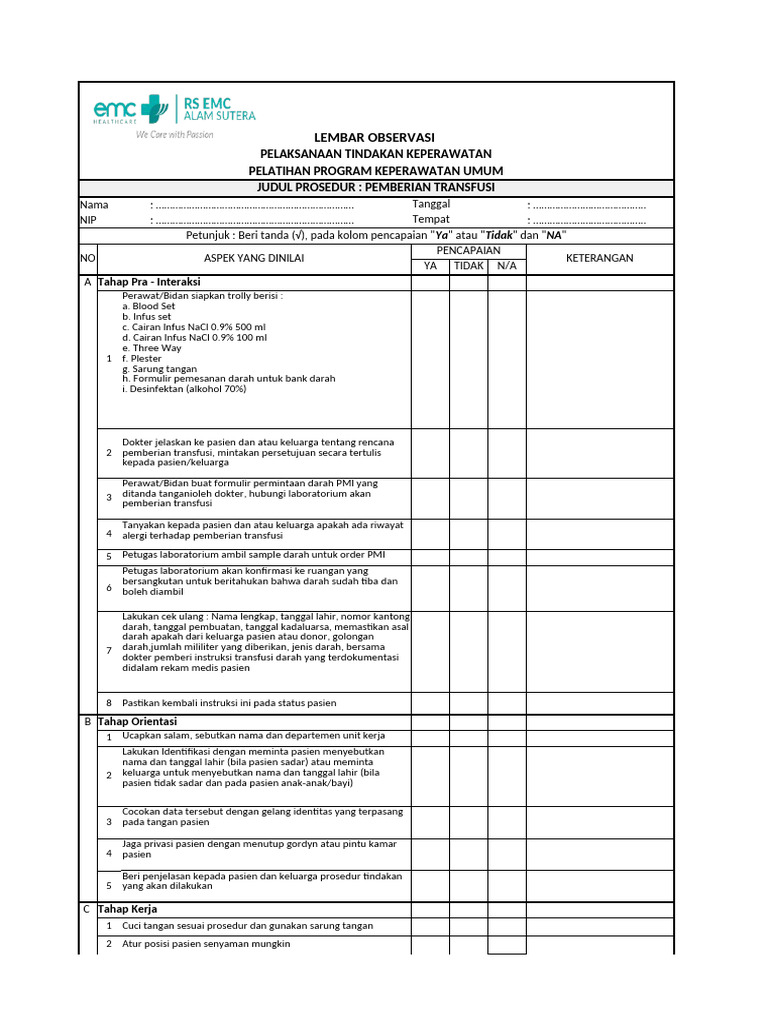 TOOLS OBSERVASI - Memberikan Transfusi | PDF