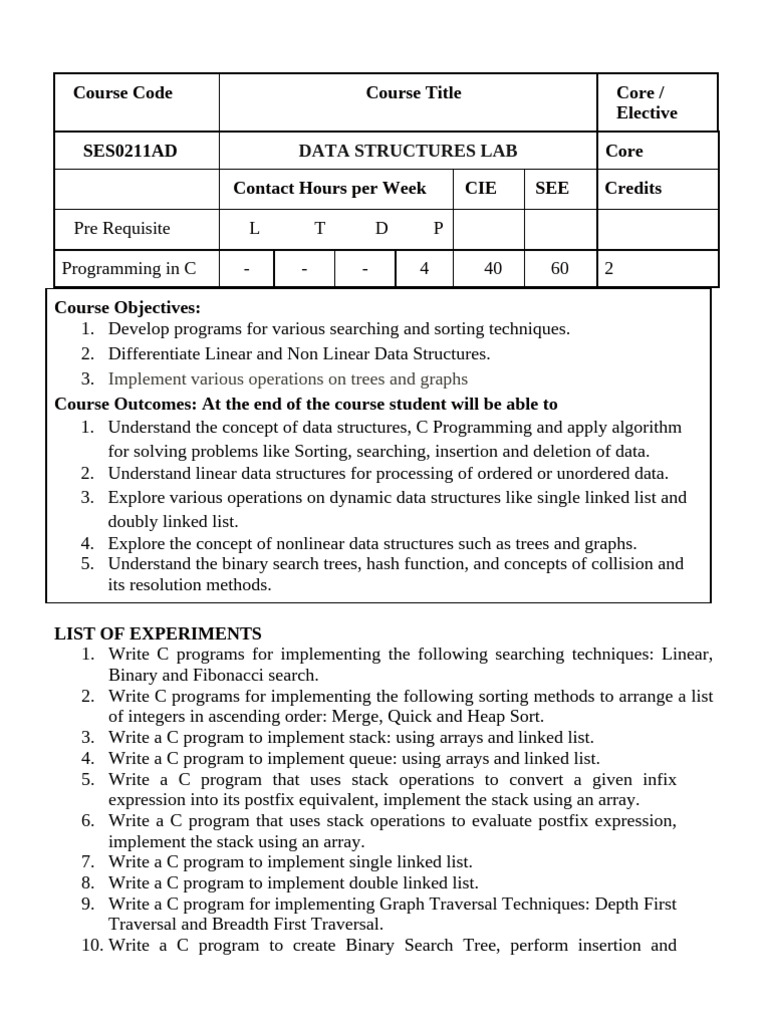 Data Structures Lab Syllabus (2023-2024) | PDF
