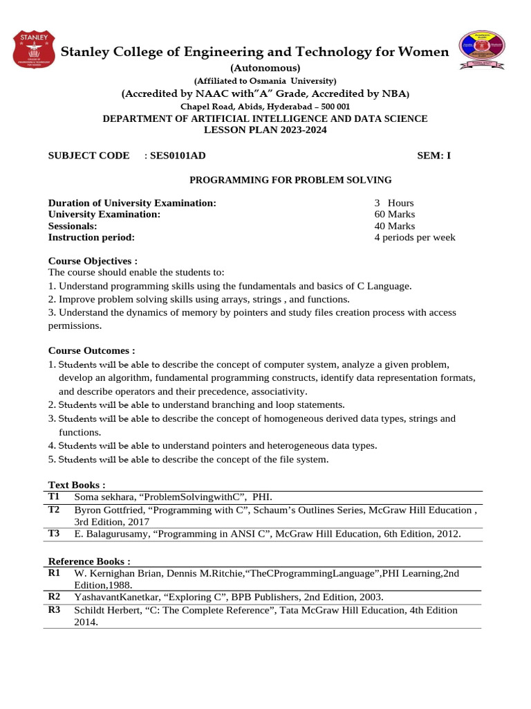 Pps Lesson Plan Ai&Ds 2023-2024 (With Dates) | PDF | Pointer (Computer ...