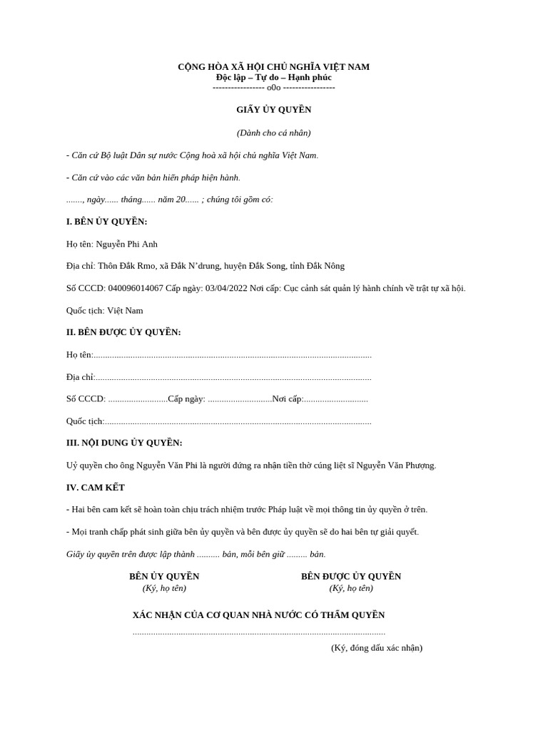 Mau Giay Uy Quyen CA Nhan | PDF