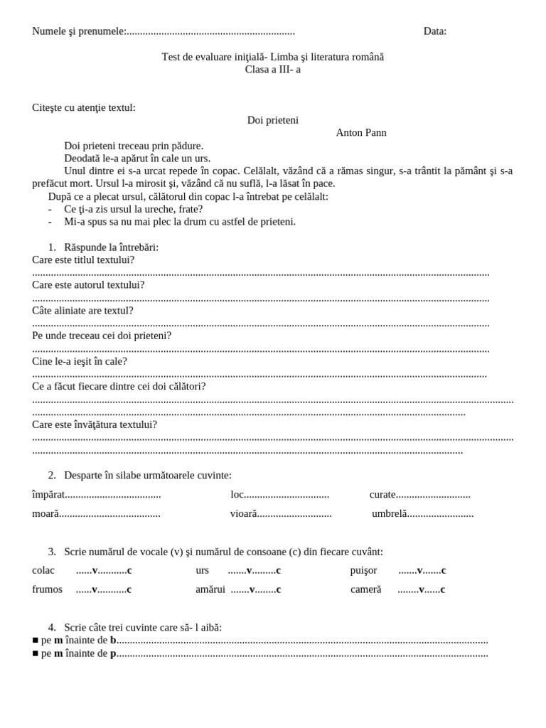 Test de Evaluare Initiala Clasa A III A LB Romana | PDF