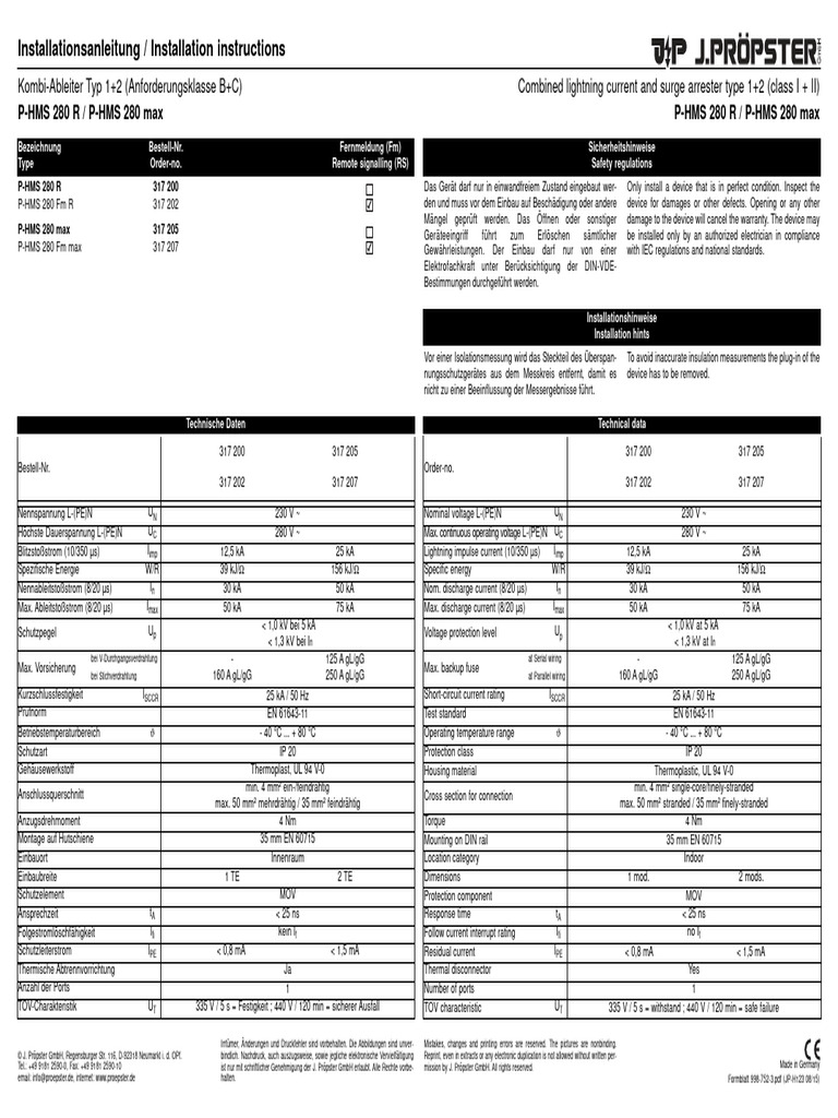P-HMS 280 Installation Guide | PDF | Electrical Equipment | Electric Power