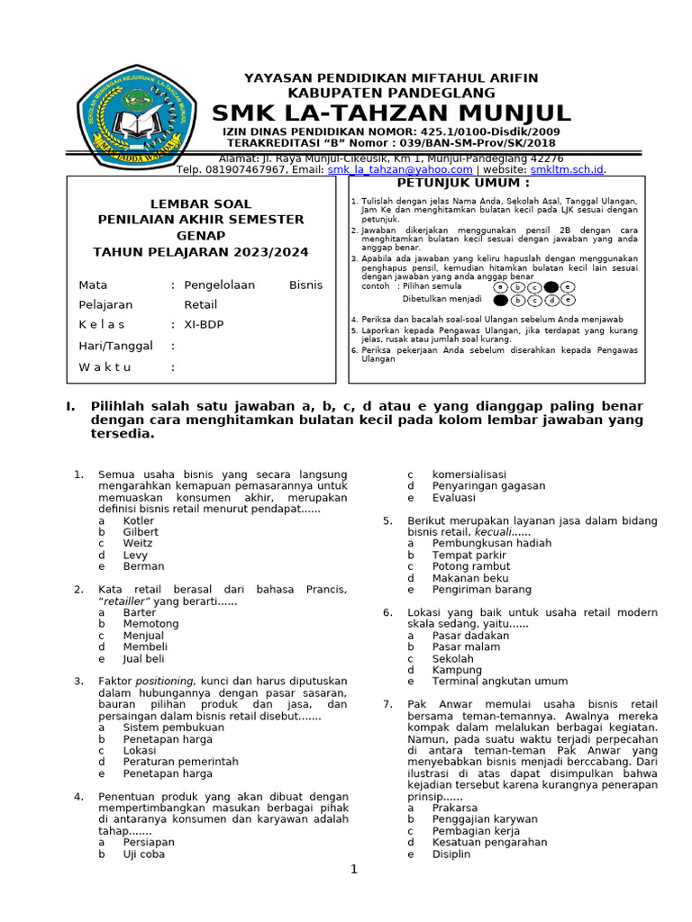 Soal PAS Ganjil PBR XI BDP 2023-2024 | PDF