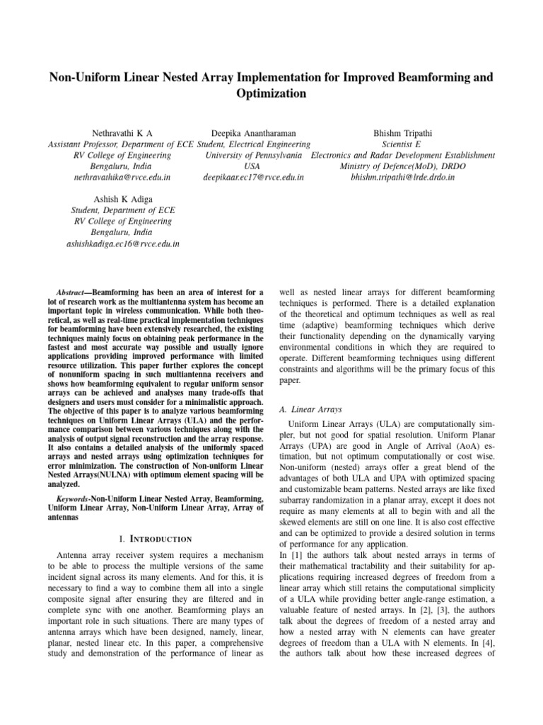 Non Uniform Linear Nested Array Implementation For Improved Beamforming and Optimization | PDF ...