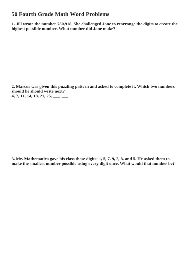 50 Fourth Grade Math Word Problems | PDF