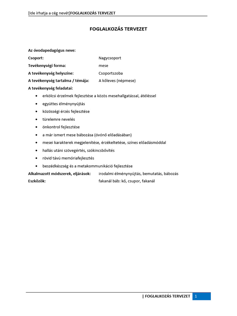 Foglalkozás Tervezet - Mese | PDF