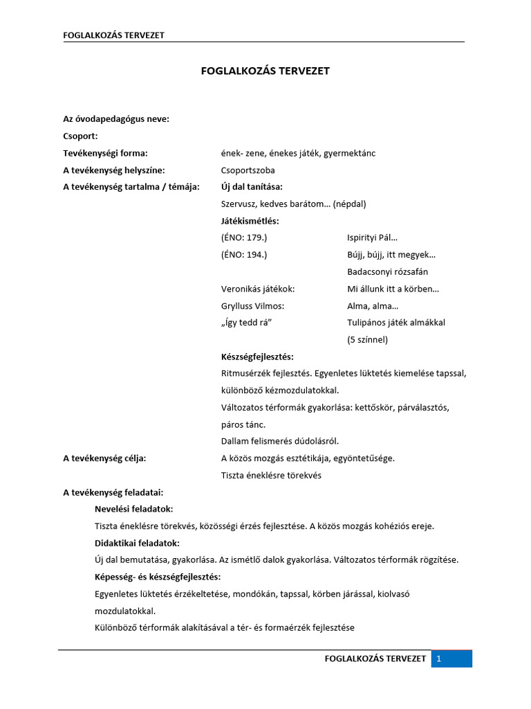 Foglalkozás Tervezet - Ének - Zene | PDF