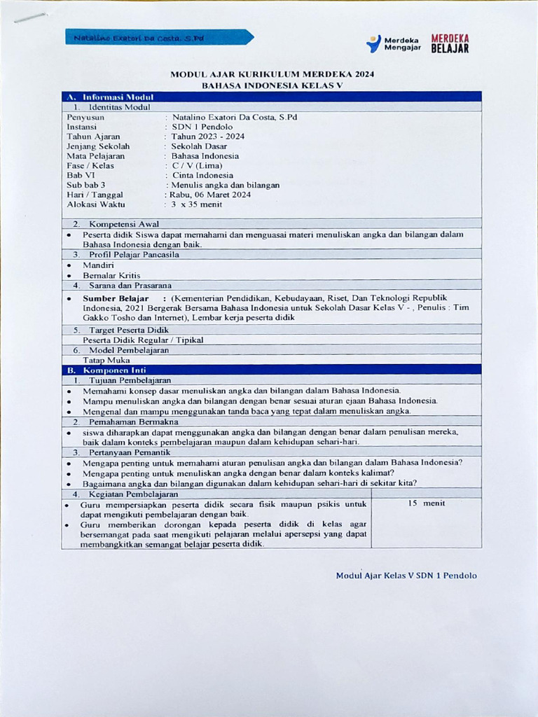 Modul Ajar Kurikulum Merdeka Mapel Bahasa Indonesia Kelas V | PDF