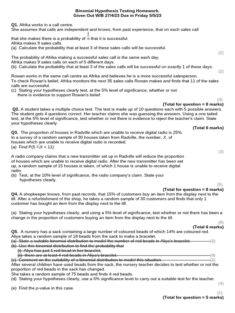 Binomial Hypothesis Testing HW 1 | PDF