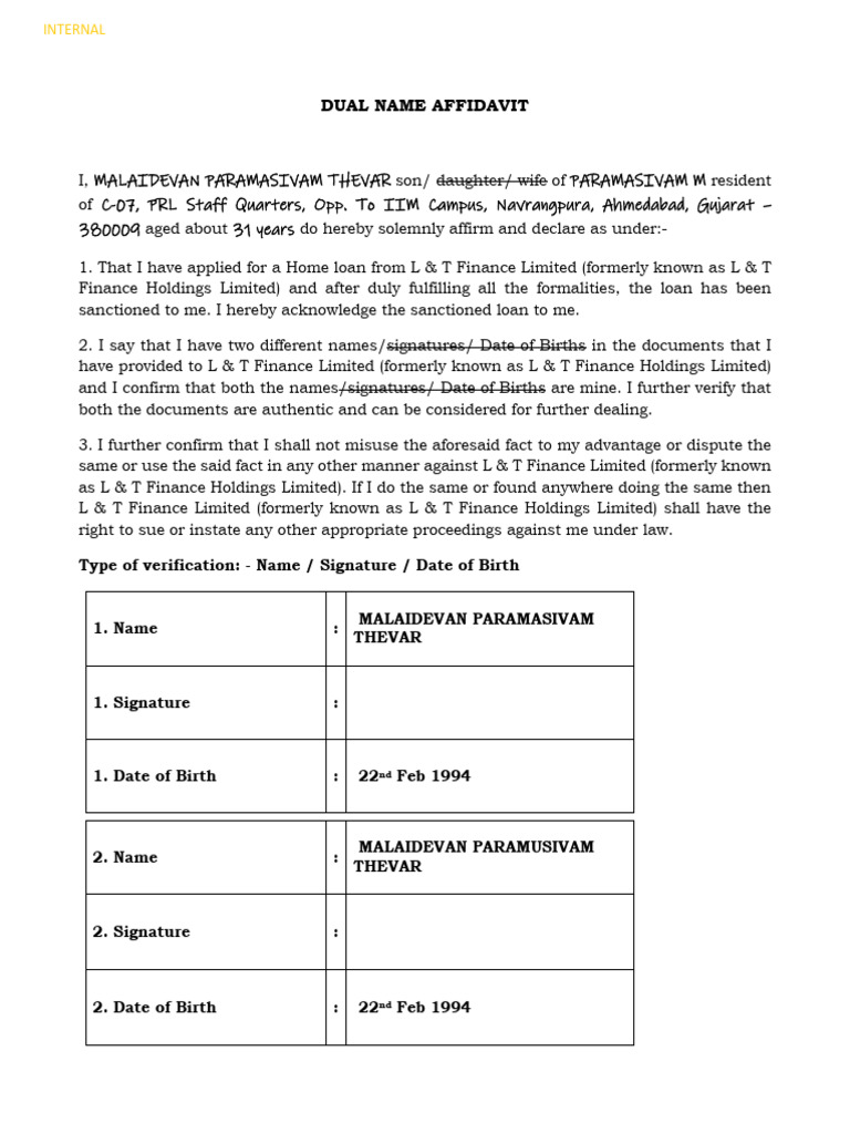 Dual Name_Affidavit Draft | PDF