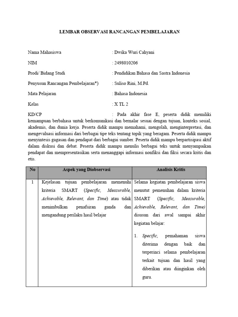Lampiran 4. LK 3 Contoh Format Lembar Observasi Rancangan Pembelajaran ...