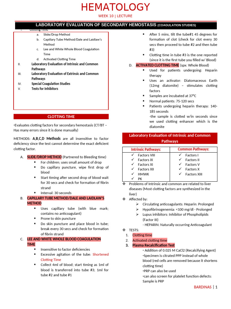 Week 10 - Laboratory Evaluation of Secondary Hemostasis (Coagulation Studies) | PDF