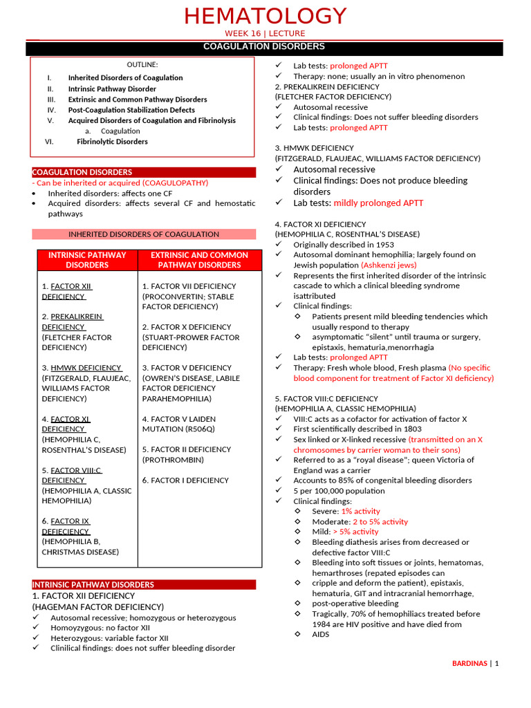 Week 16 - Coagulation Disorders | PDF