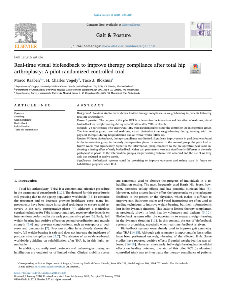 Real Time Visual Biofeedback To Improve Therapy Compliance After Total Hip Pdf