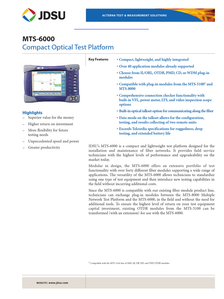 Jdsu Mts-6000 Specifications Spec Sheet 3l104 | PDF