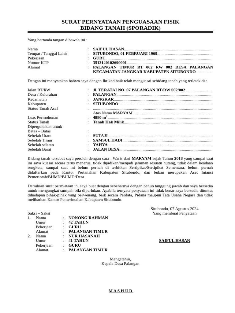 Surat Pernyataan Penguasaan Fisik | PDF