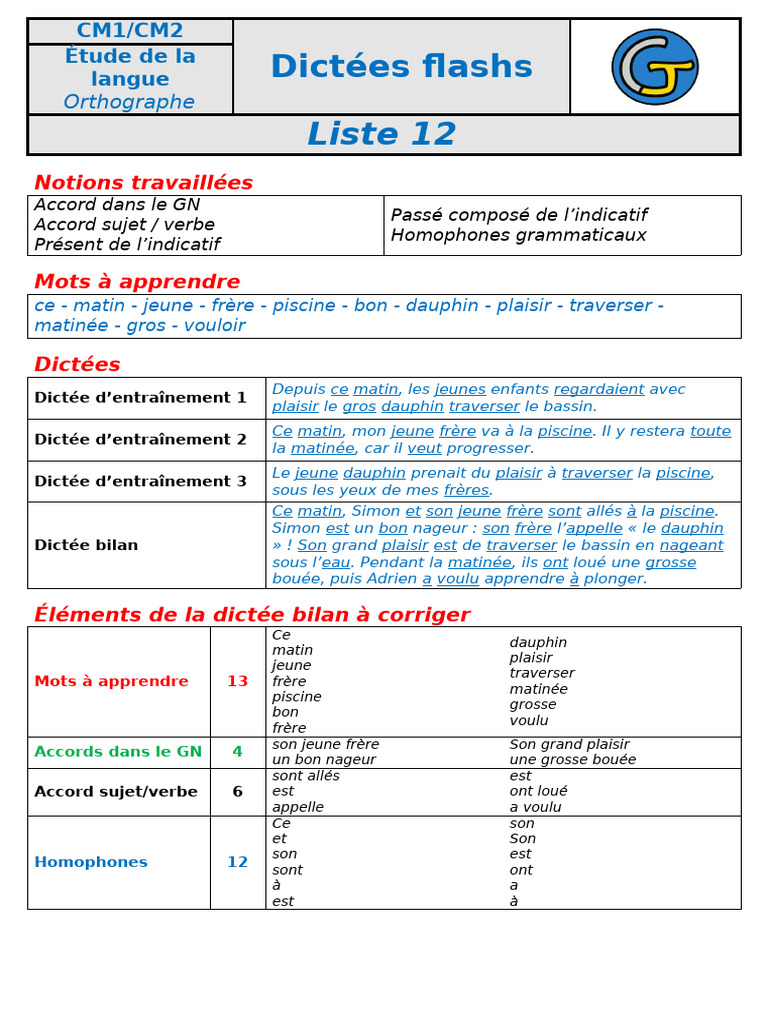 Dictees Flashs CM1 CM2 Liste 12 | PDF