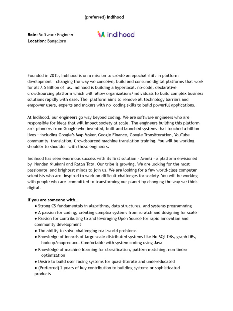 Indihood - Software Engineer JD | PDF
