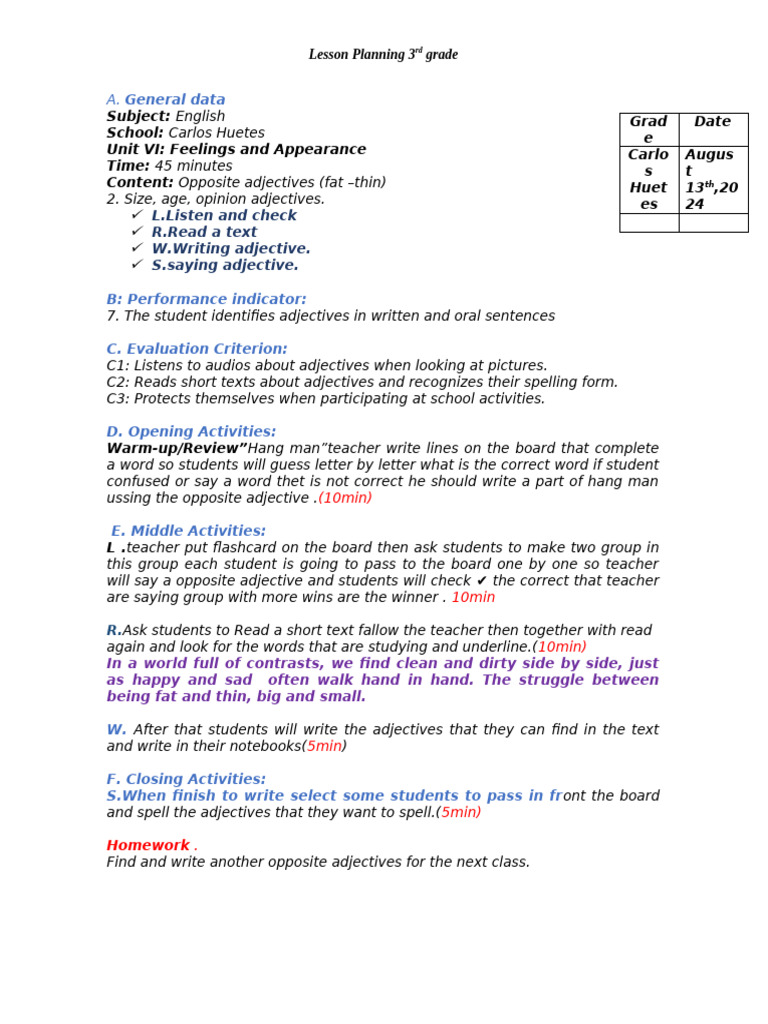 3rd Grade Lesson Plan (2) - August 12 | PDF