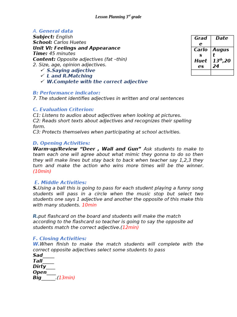 3rd Grade Lesson Plan (3) - August 12 | PDF