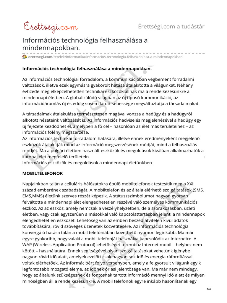 Információs Technológia Felhasználása A Mindennapokban | PDF