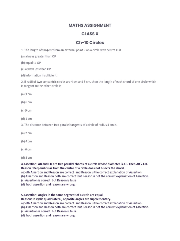 Ch-10 Circles Assignment Class X | PDF