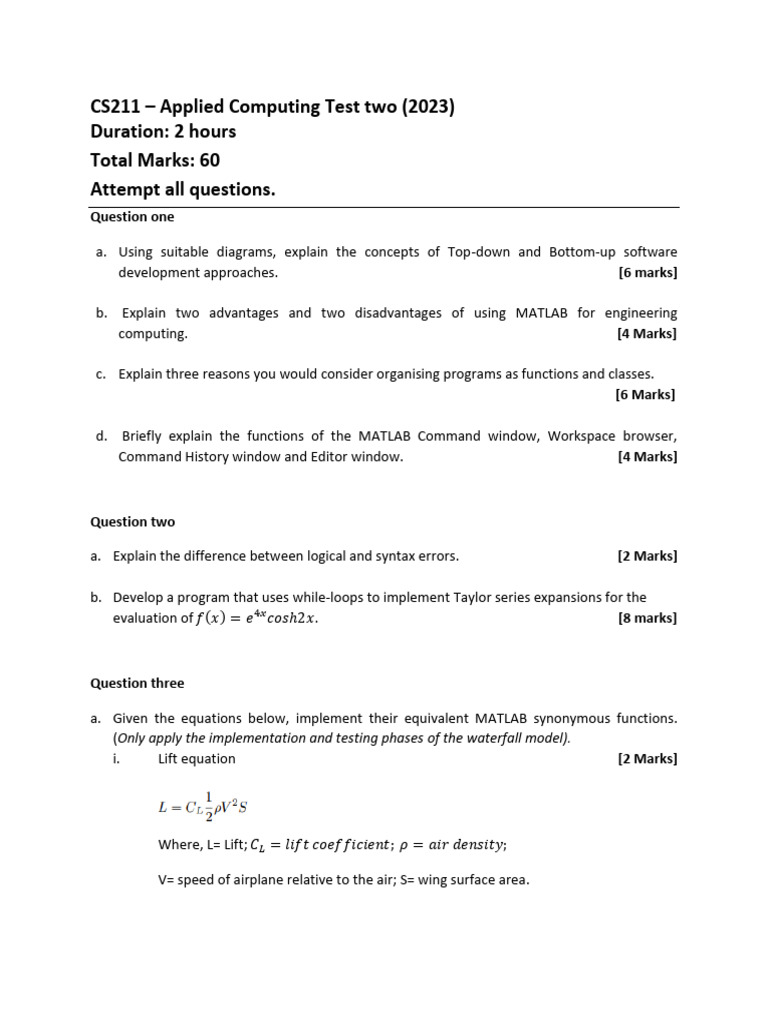 CS211 Test Two - Riverside 2023 | PDF | Electrical Network | Matlab