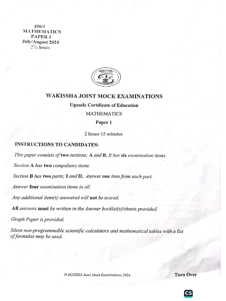 Wakissha Uce Math 2024 | PDF