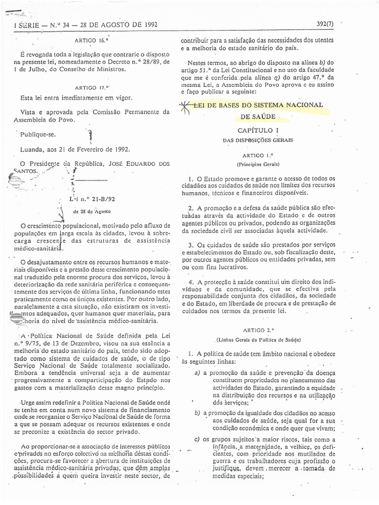 21b - LEI DE BASE DO SISTEMA NACIONAL DE SAÚDE | PDF