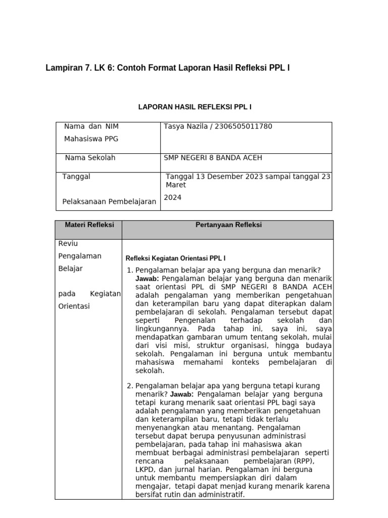 TOPIK 5 Lampiran 7. LK 6 Contoh Format Laporan Hasil Refleksi PPL I | PDF