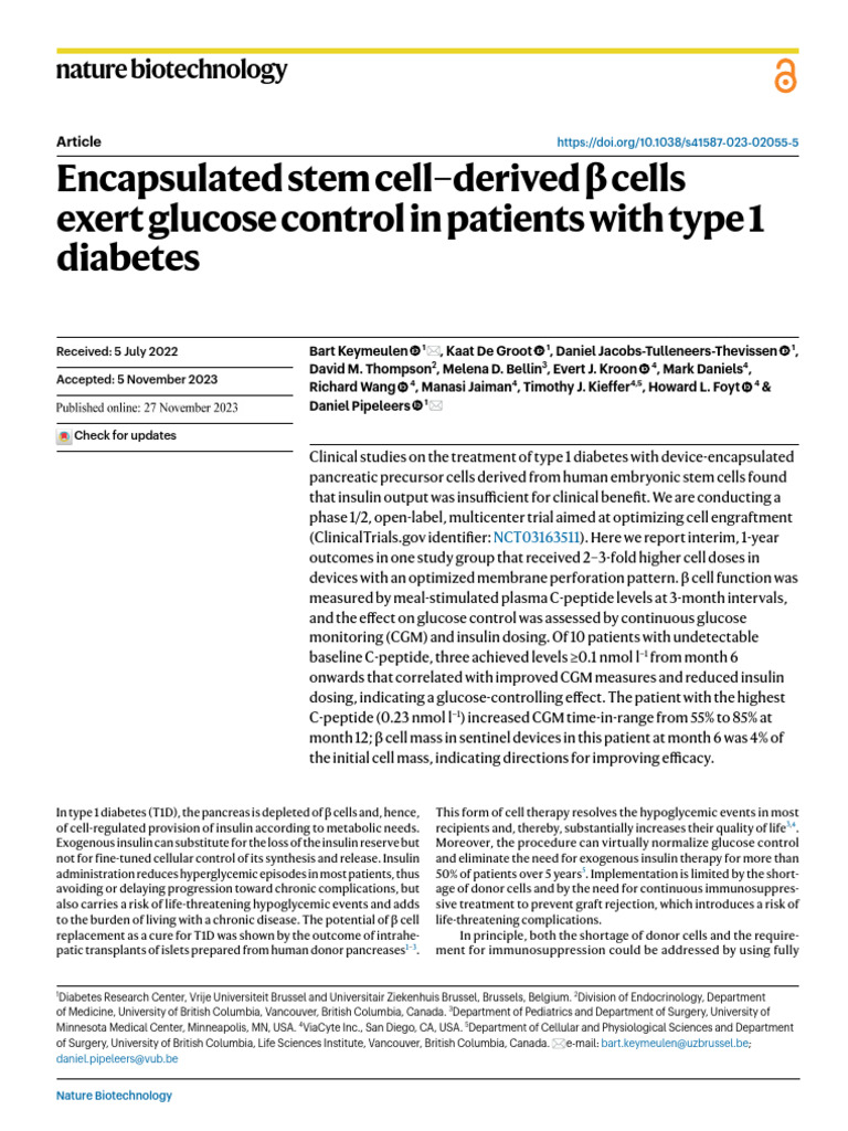 Encapsulated stem cell-derived β cells exert glucose control in ...