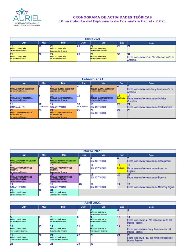Calendario Clases Online-10ma Cohorte-Facial | PDF